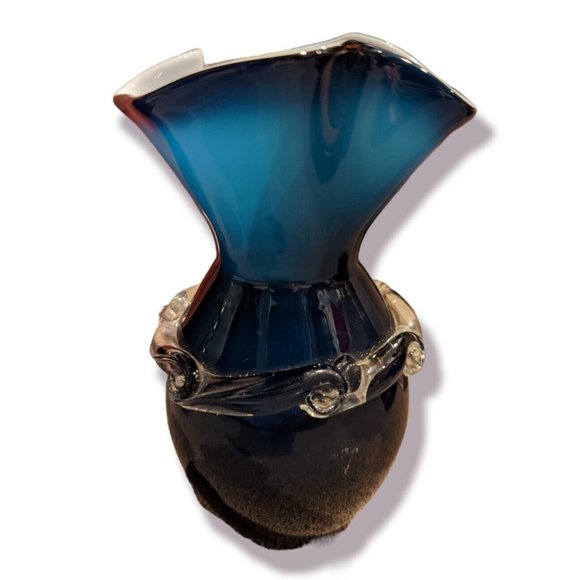 Art | Blue Swirl Art Glass Vase Flared Scalloped Rim Opaque White Glass ...